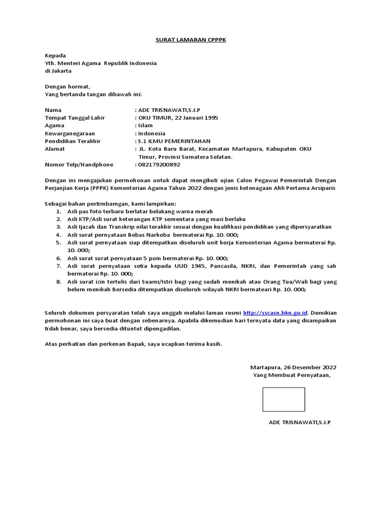 Surat Lamaran CPPPK Kementerian Agama | PDF