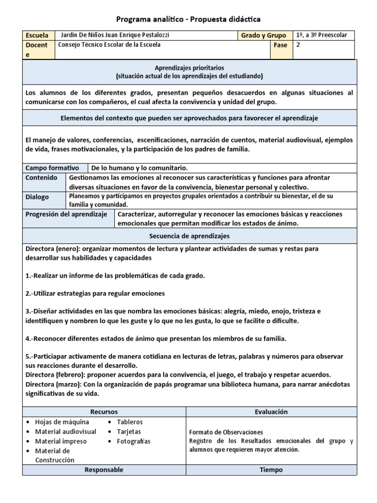 Programa Analitico Preescolar | PDF | Educación de la primera infancia | Las emociones