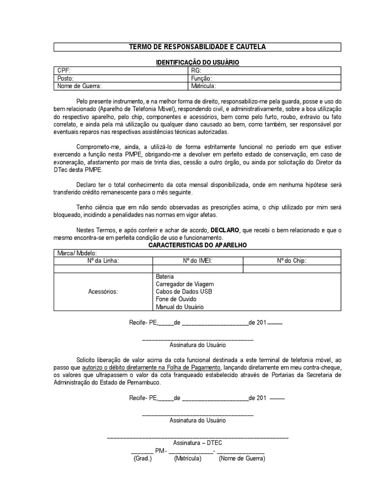 TERMO DE RESPONSABILIDADE - Individual - Novo Modelo1 | PDF | Finanças ...