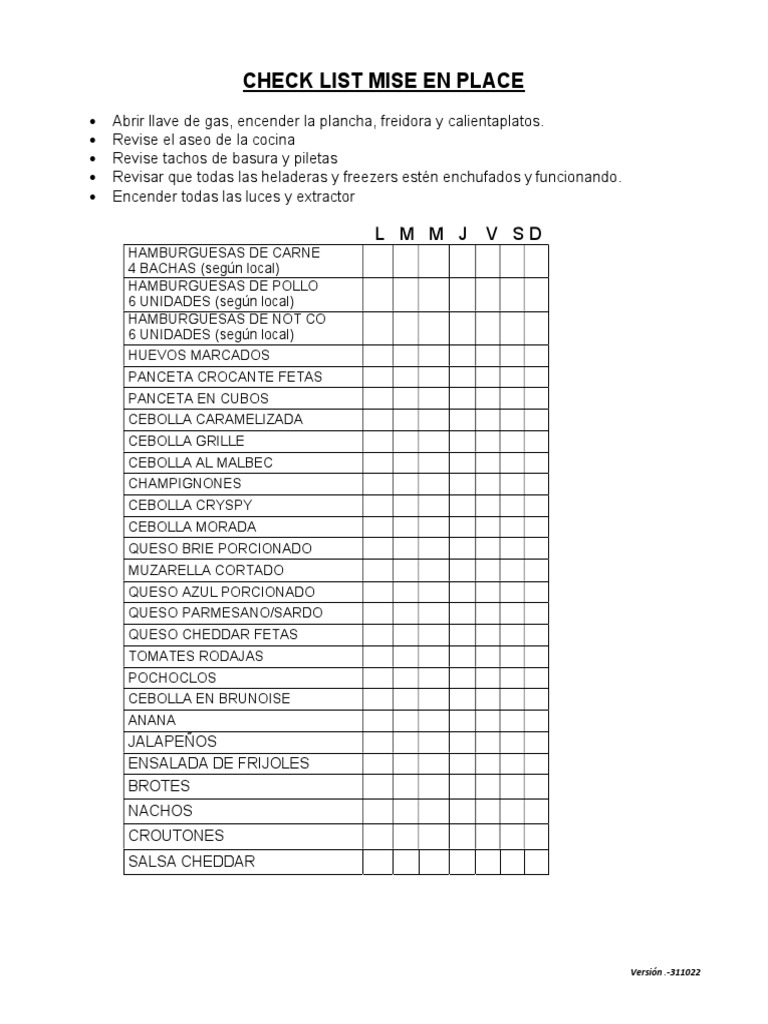 Checklist de Mise en Place para Cocina | PDF | Cocina, comidas y vino