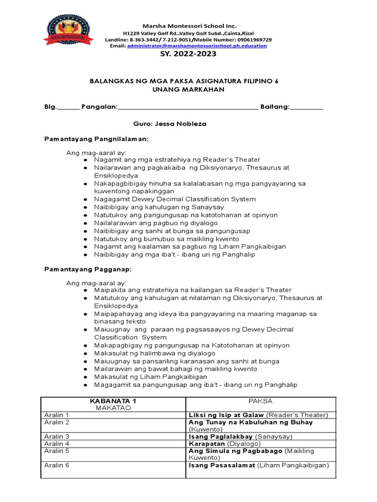 Balangkas NG Mga Paksa Asignatura Filipino 6 | PDF