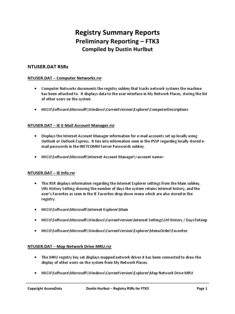 Registry Summary Reports - FTK3 | Windows Registry | Windows Vista