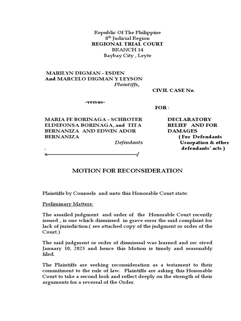 Motion for Reconsideration in Usurpation Case | PDF | Complaint ...