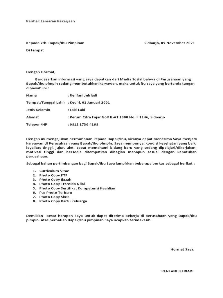 Surat Permohonan Kerja | PDF