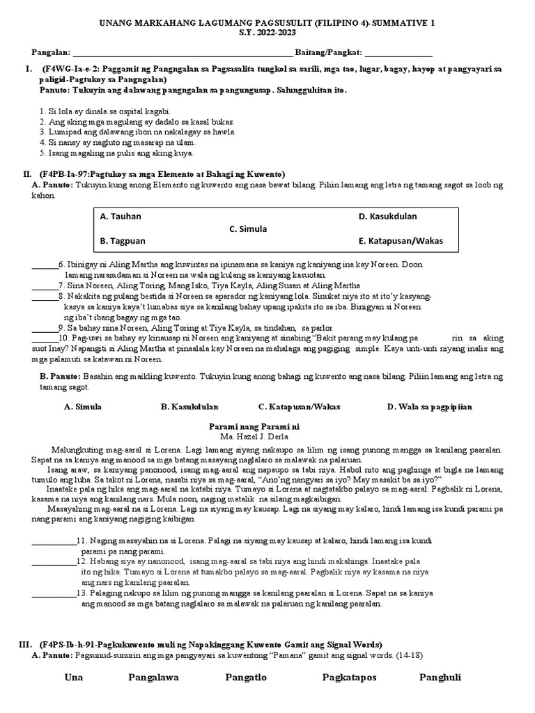 Filipino 4-Summative Test 1 Sy 2022-2023 | PDF