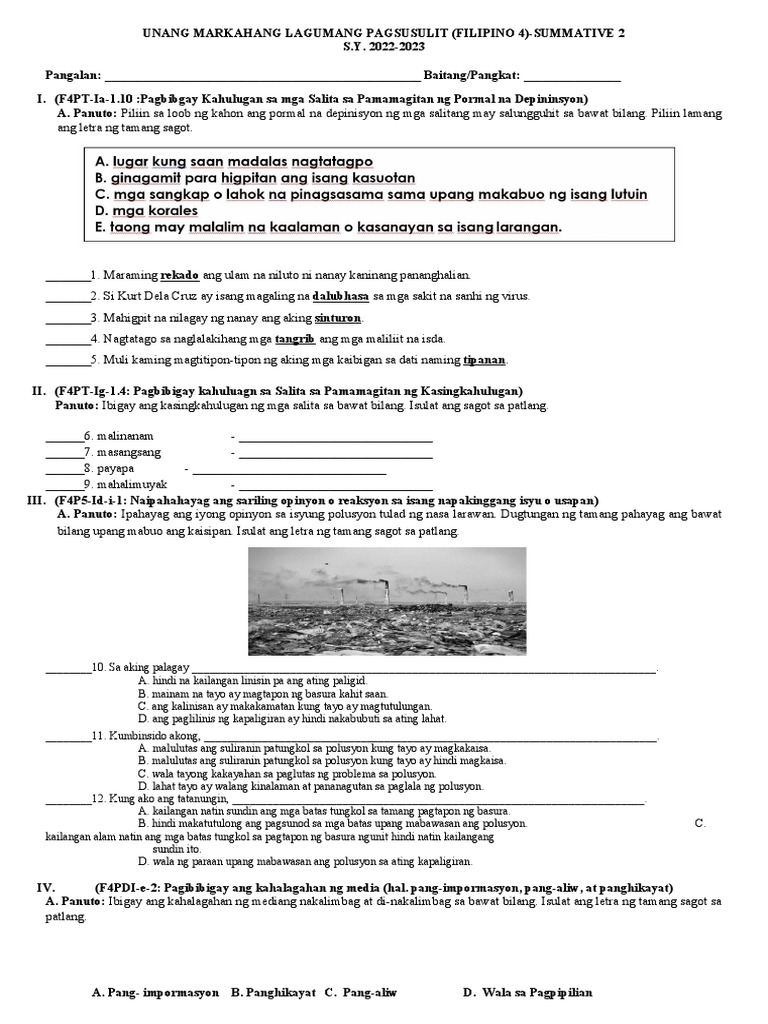 Filipino 4-Summative Test 2 Sy 2022-2023 | PDF