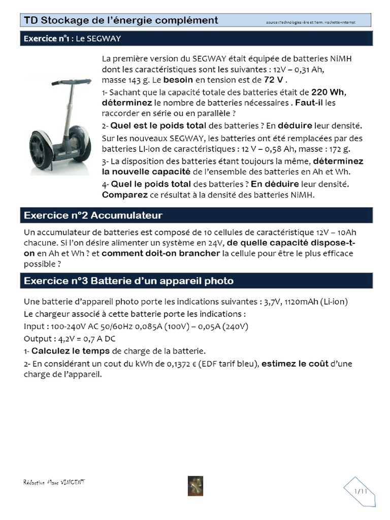 TD Stockage de L Énergie Complément. Exercice N 2 Accumulateur. Exercice N 3 Batterie D Un ...