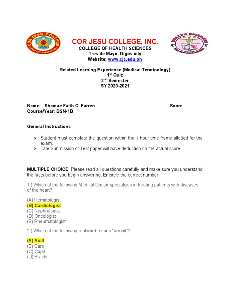 2021 BSN 1 Medical Terminology First Quiz | PDF | Heart | Bleeding