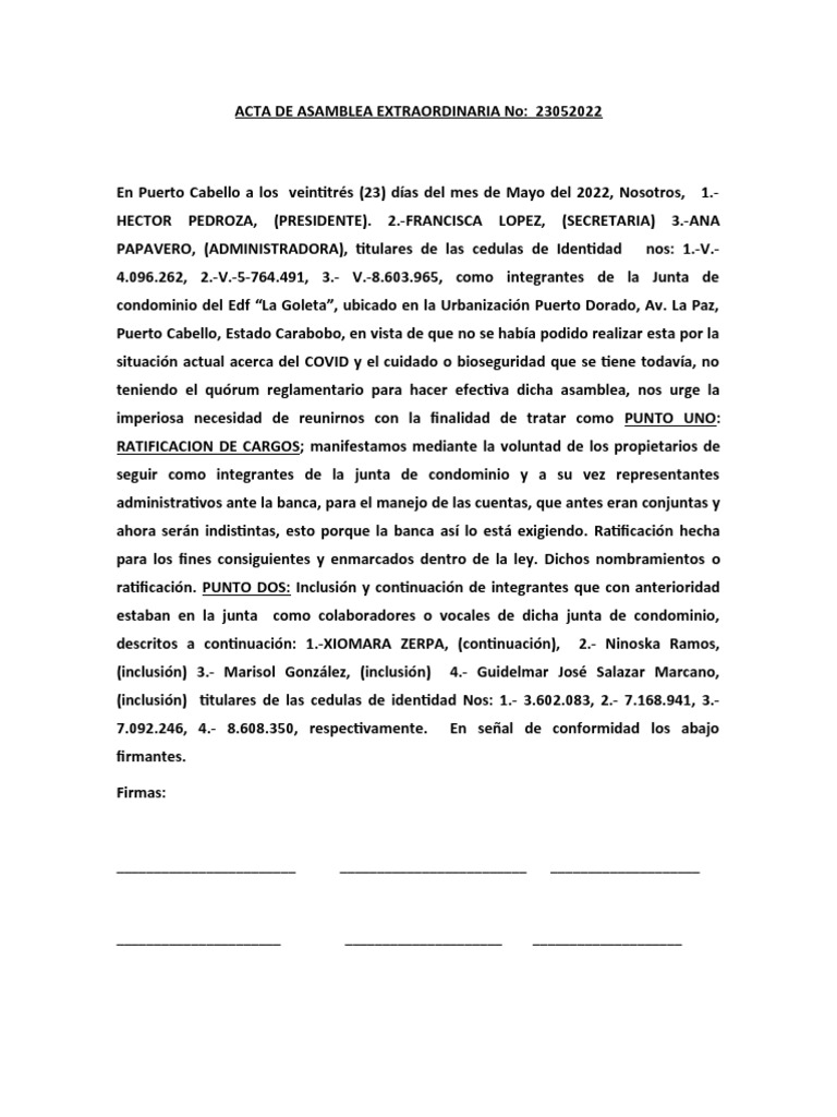 Acta de Asambleas | PDF | Condominio | Gobierno