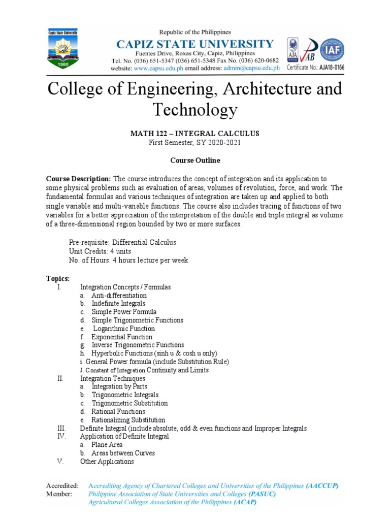 Course Outline Math 122 | PDF | Integral | Function (Mathematics)