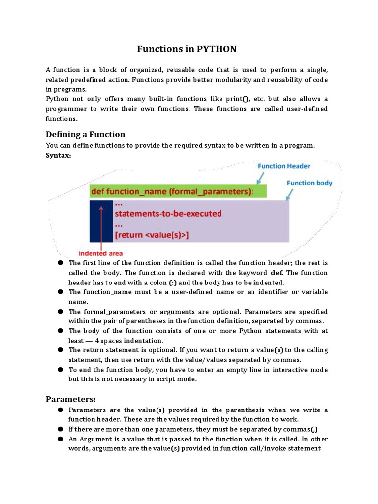 Functions in PYTHON Handout | PDF