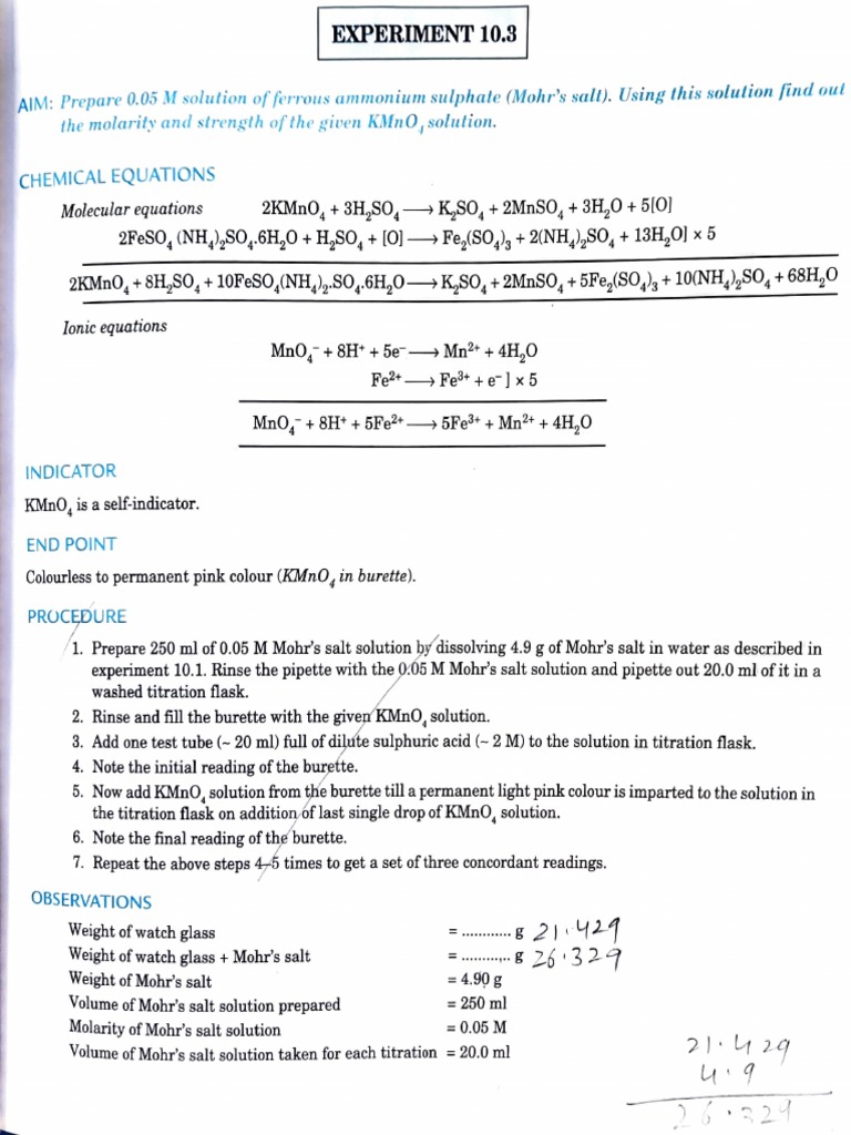 Molarity Of Given Kmno4 Solution Pdf Titration Chemistry