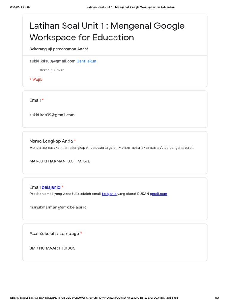 Latihan Soal Unit 1 - Mengenal Google Workspace For Education 0 | PDF