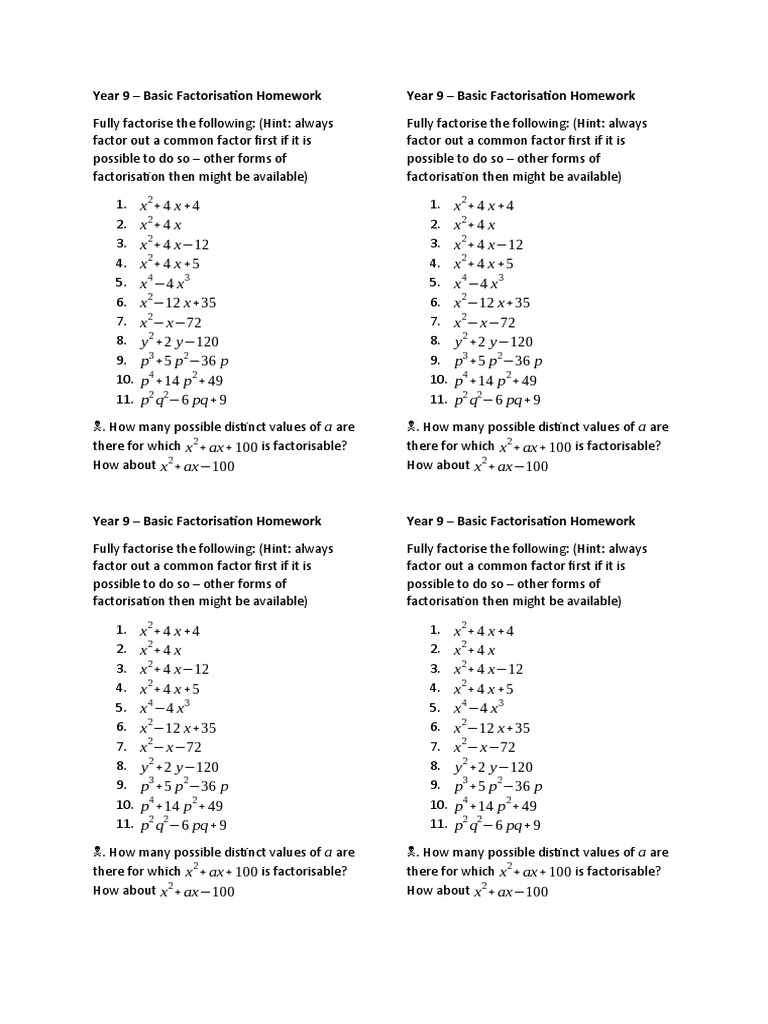 Yr9 EasierFactorisationHomework | PDF | Factorization | Algebra