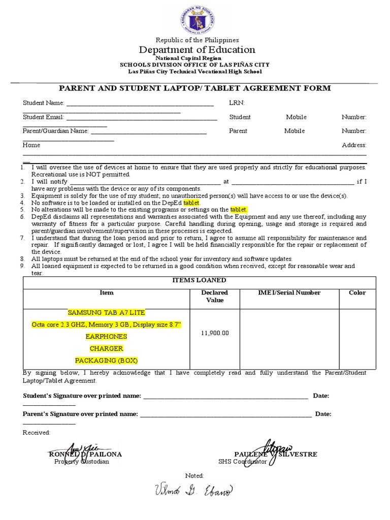 SHS Agreement Form Equipment | PDF | Laptop | Tablet Computer
