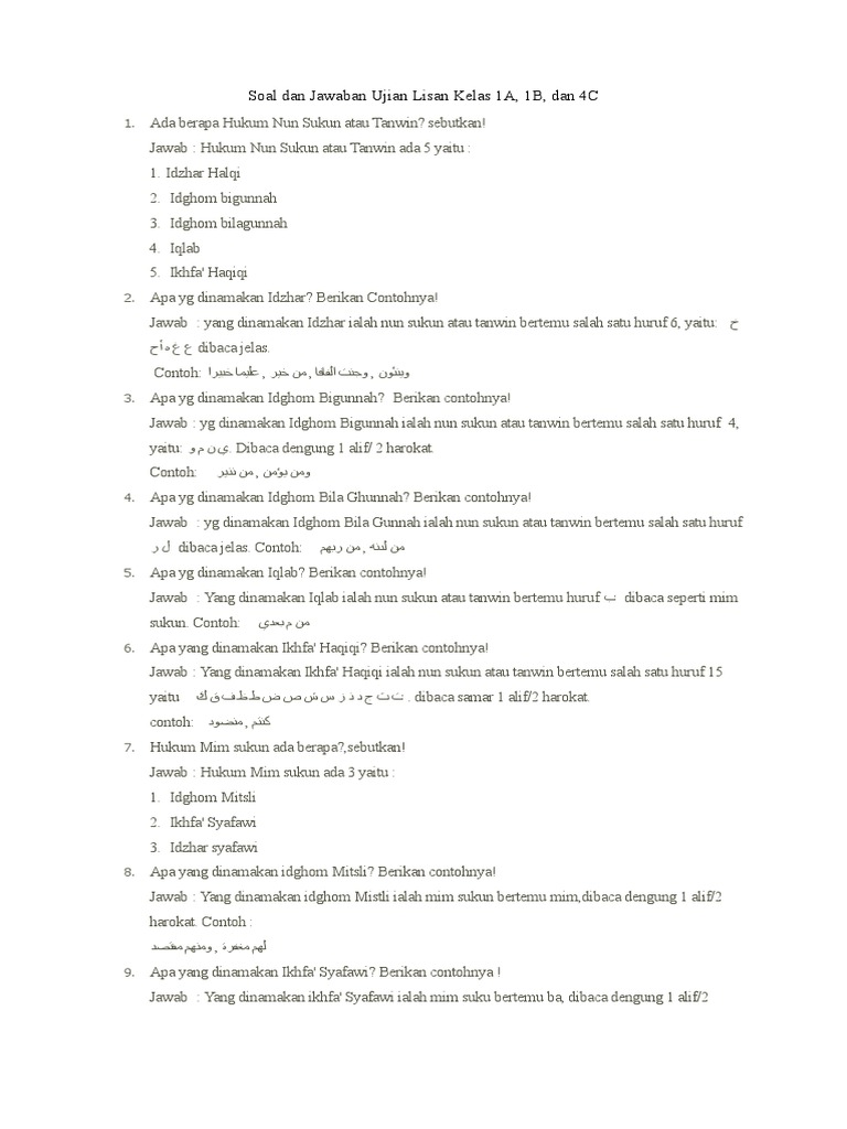 Soal Dan Jawaban Ujian Lisan Kelas 1A | PDF | Seni & Disiplin Bahasa