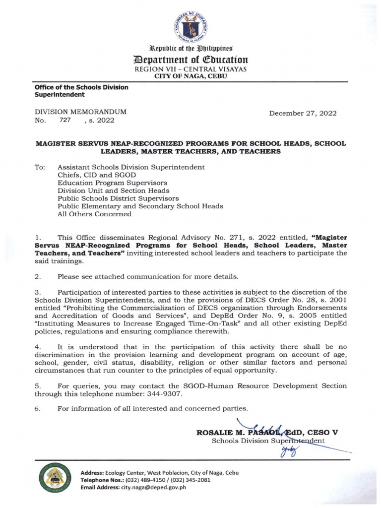 Division Memo 727 - Magister Servus NEAP-Recognized Programs For School ... Division Memo 727 - Magister Servus NEAP-Recognized Programs For School ...