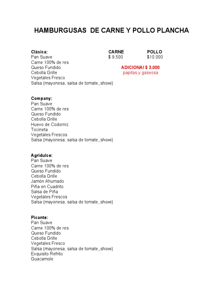 Menu Hamburguesas | PDF | Comida regional y étnica | Cocina europea
