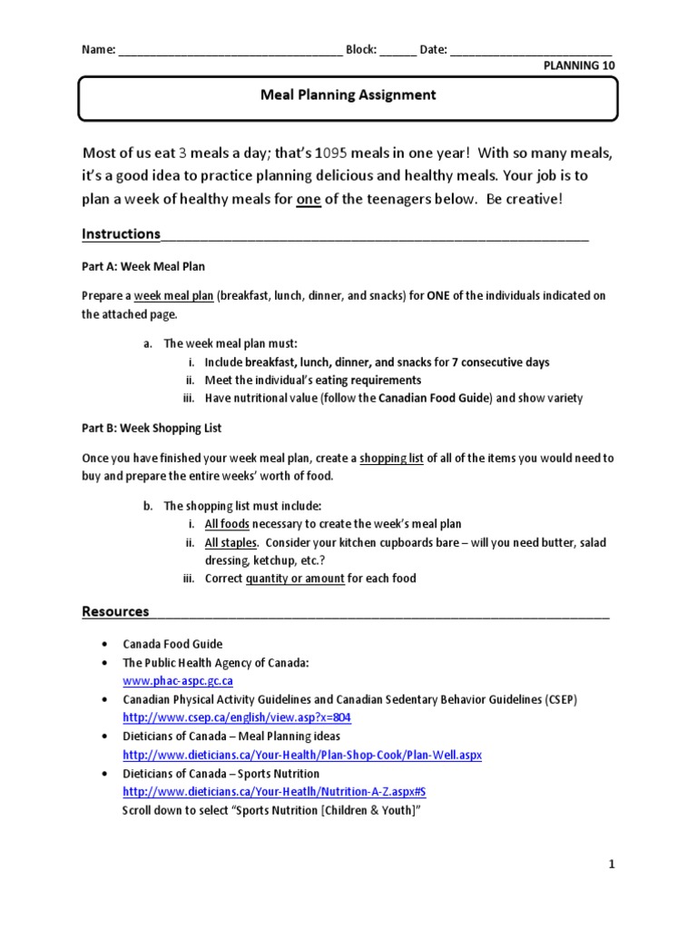 Meal Planning Assignment | PDF