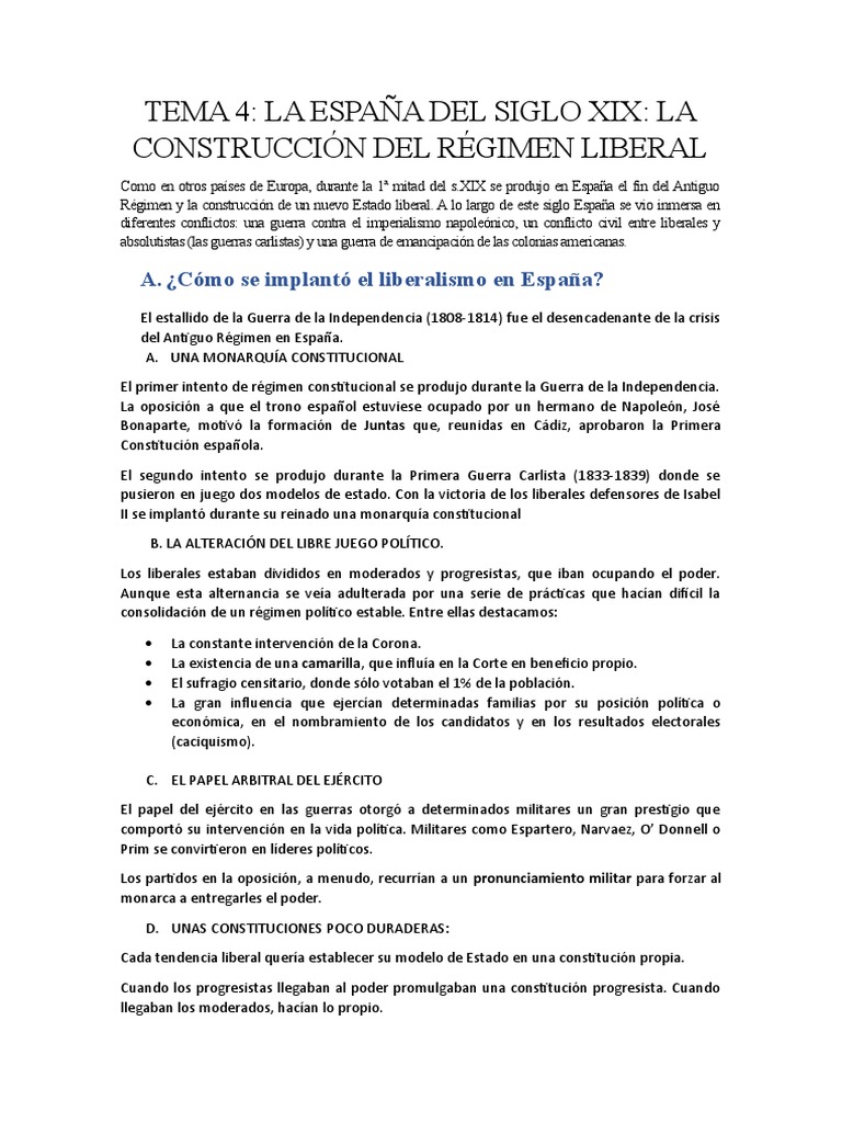 t4 La España Del S.xix. La Construcción Del Régimen Liberal | PDF ...