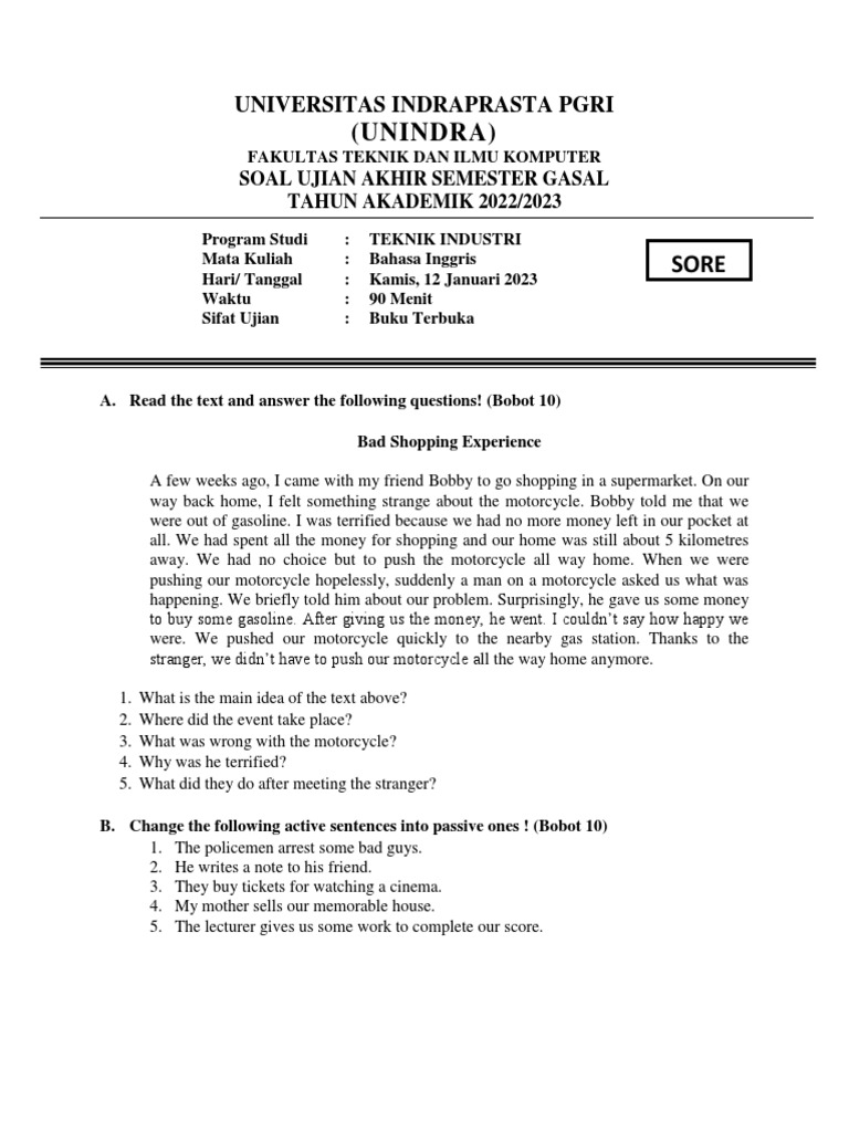 UAS Sore Bahasa Inggris Gasal 2022-2023 PDF Daring | PDF