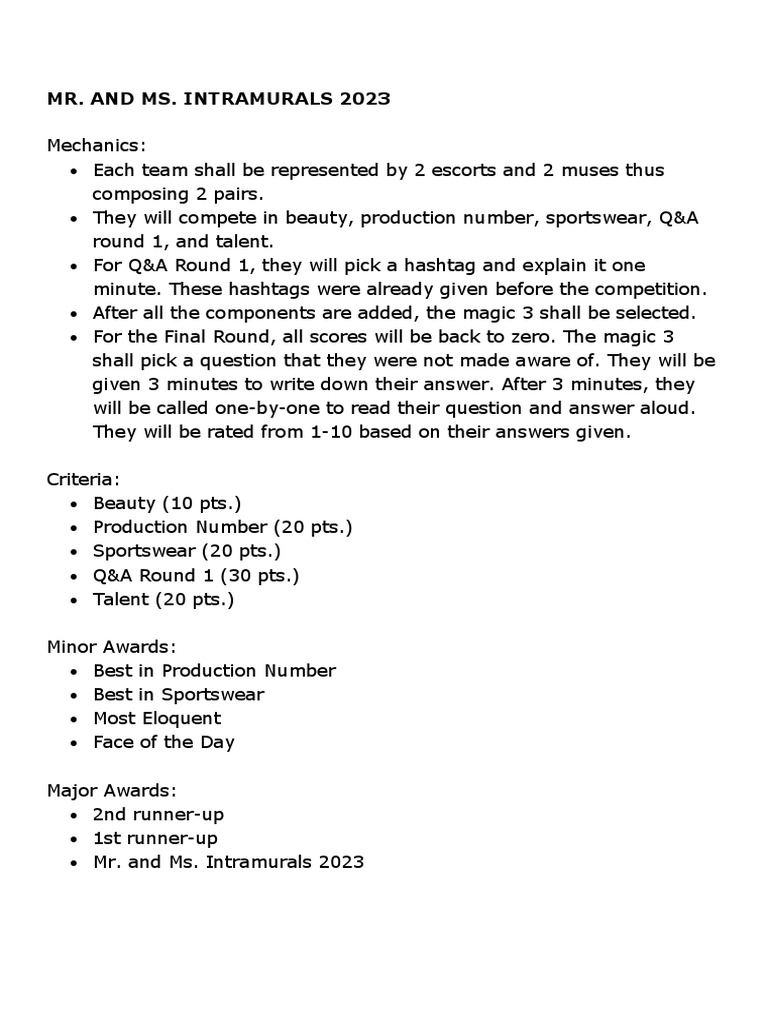 Contest Mechanics - MR and Ms Intrams | PDF