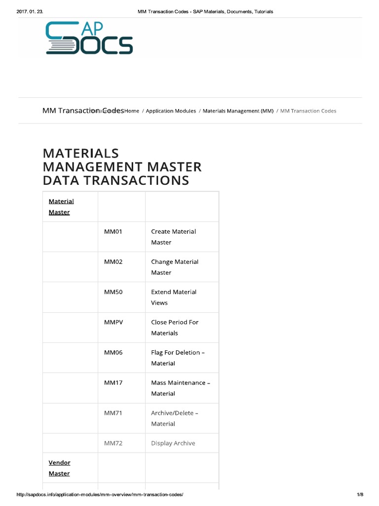 MM Transaction Codes - SAP Materials, Documents, Tutorials | PDF