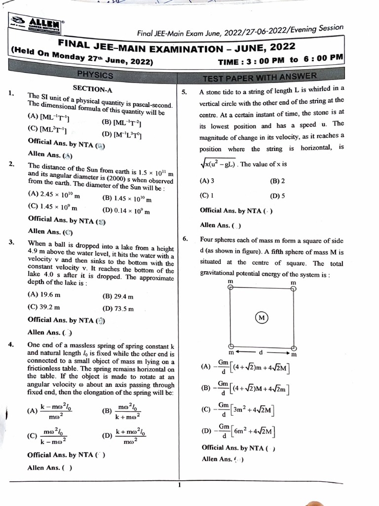 jee main paper | PDF | Gases | Frequency