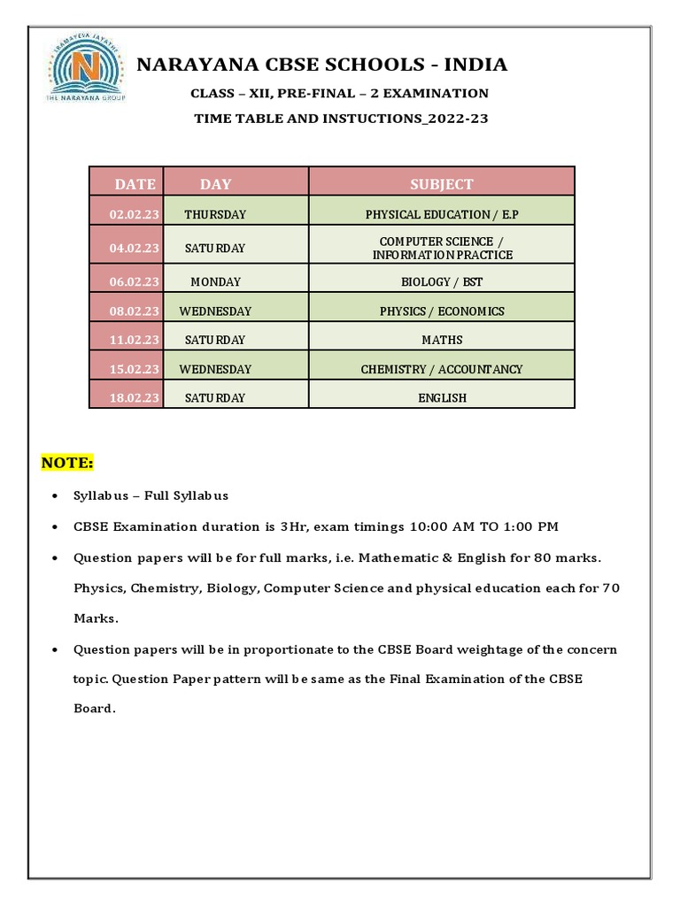 Class Xii, Pre Final 2 Time Table | PDF