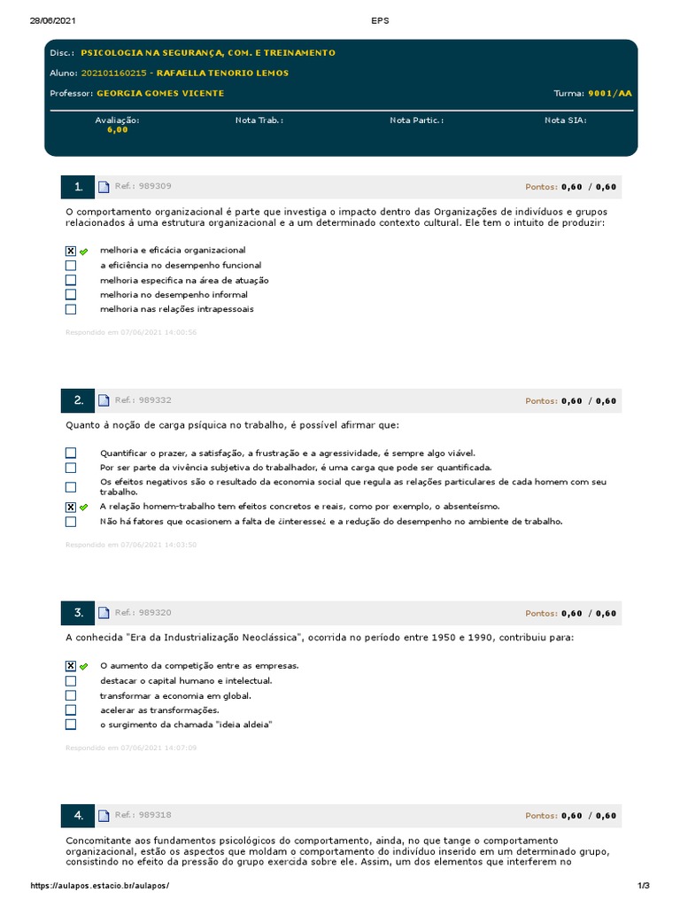Prova de Psicologia Organizacional | PDF | Psicologia | Comportamento