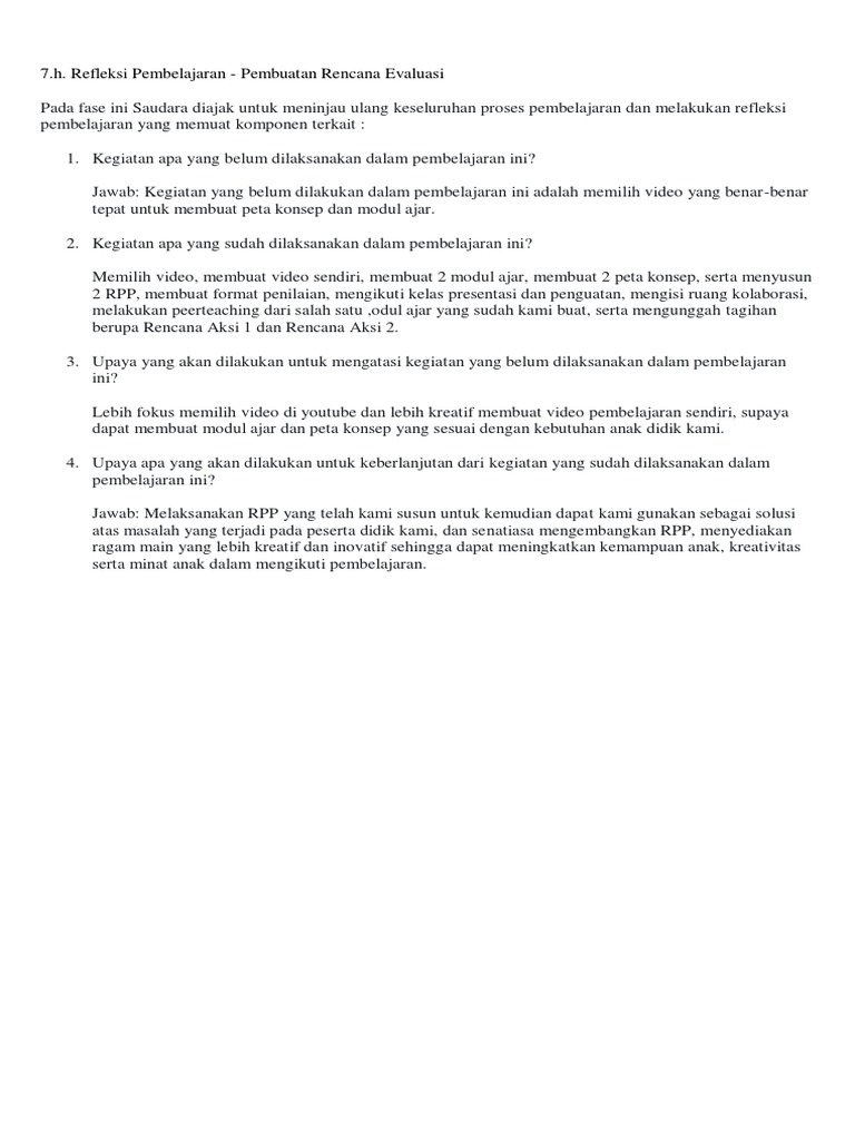 7.h. REFLEKSI PEMBELAJARAN - PEMBUATAN RENCANA EVALUASI | PDF | Karier & Perkembangan | Bisnis