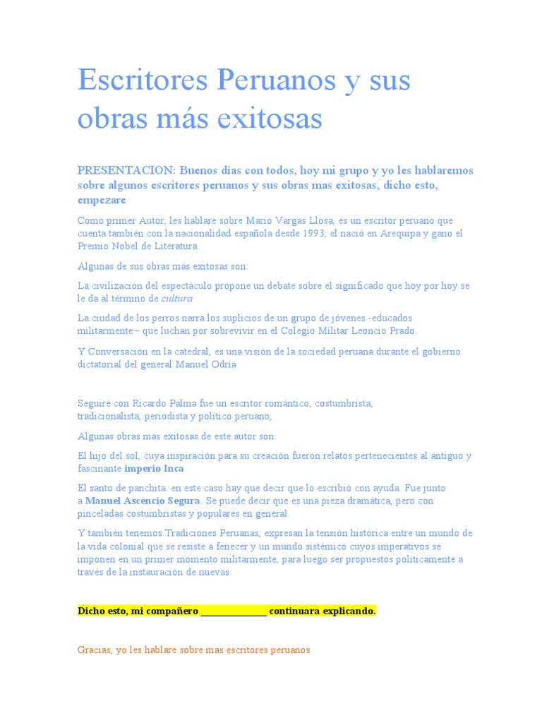 Escritores Peruanos y Sus Obras Más Exitosas | PDF | Perú