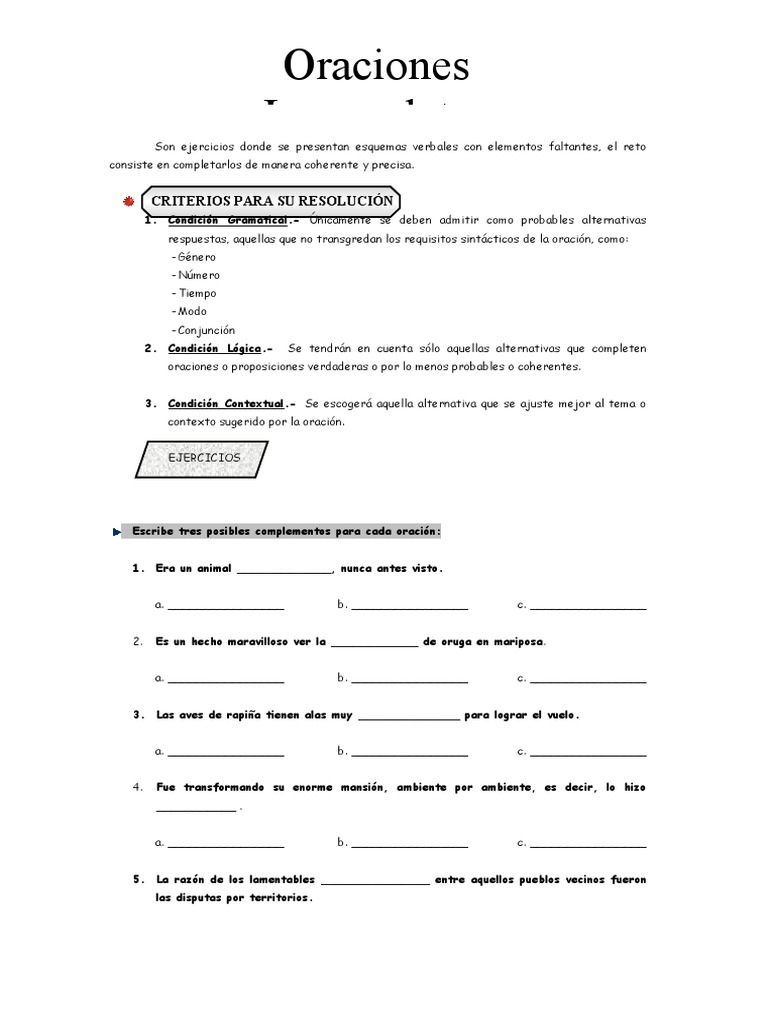 Oraciones Incompletas 2o | PDF | Oración (Lingüística)