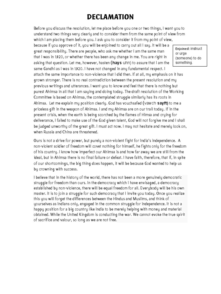 Declamation - Gandhi's Quit India Movement Speech | PDF | Nonviolence ...