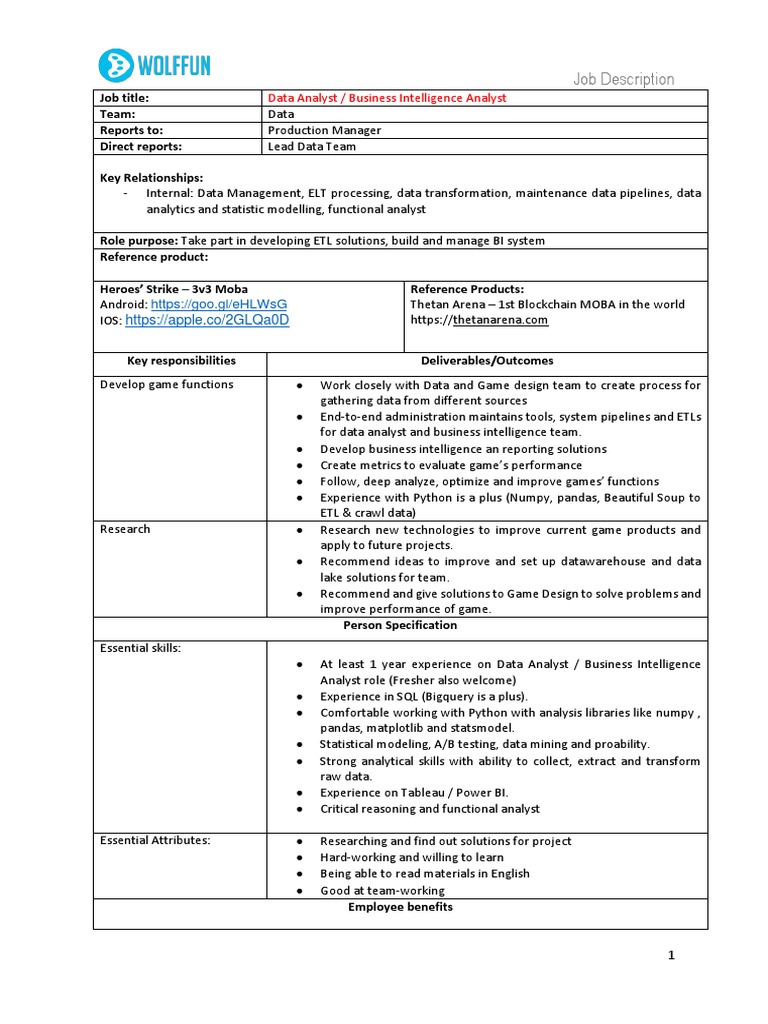 Wolffun Job Description Fresher Data Analyst | PDF | Business ...
