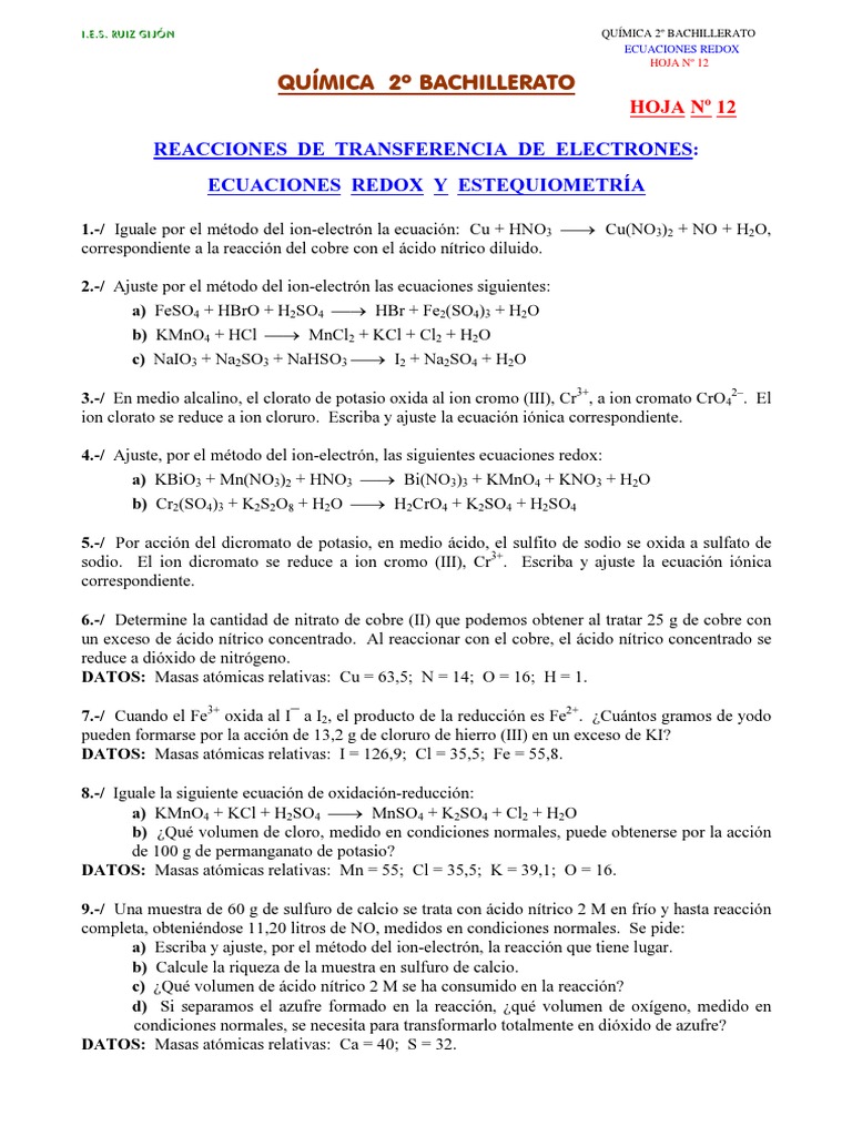 Ejercicios Redox | PDF | Redox | Ácido sulfúrico