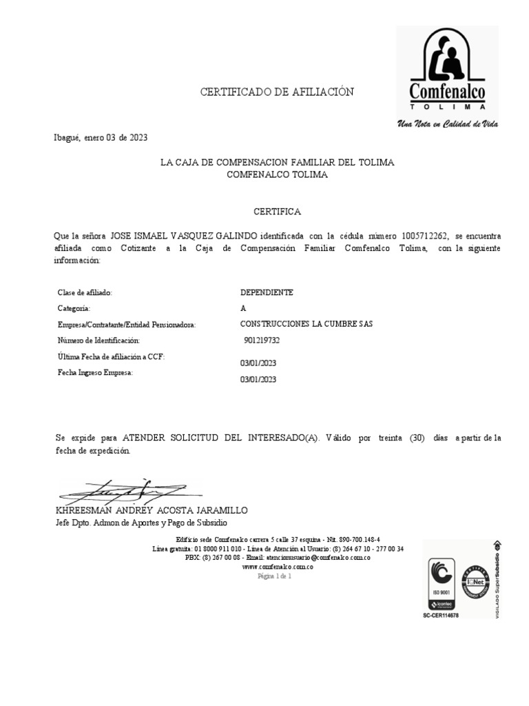 Certificado Comfenalco | PDF