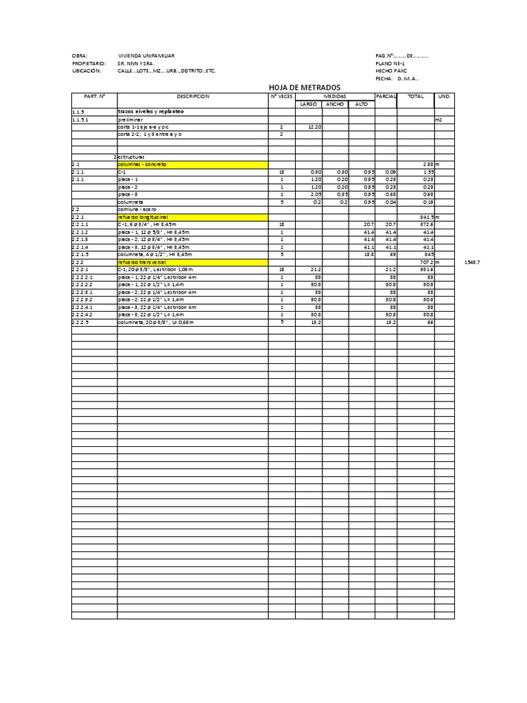 Hoja de mediciones de una vivienda unifamiliar | PDF