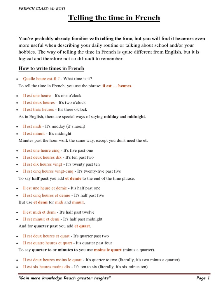 Worksheet - Telling The Time in French by MR BOTI | PDF | Spacetime