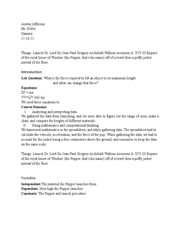 Austen Jeffersons Lab Write Up Popper | PDF | Force | Data