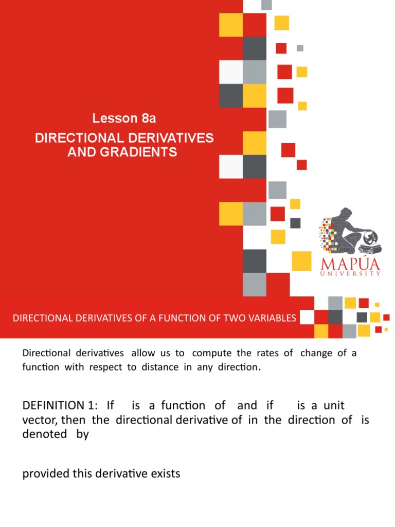 Lesson 8a DIRECTIONAL DERIVATIVES & GRADIENTS | PDF | Derivative | Gradient Lesson 8a DIRECTIONAL DERIVATIVES & GRADIENTS | PDF | Derivative | Gradient