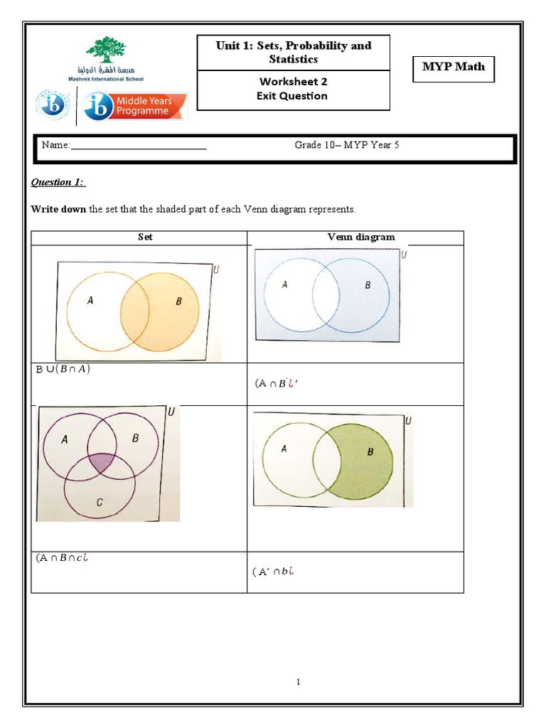 Sets, Probability, and Statistics Worksheet: Analyzing Venn Diagrams and Solving Problems ...