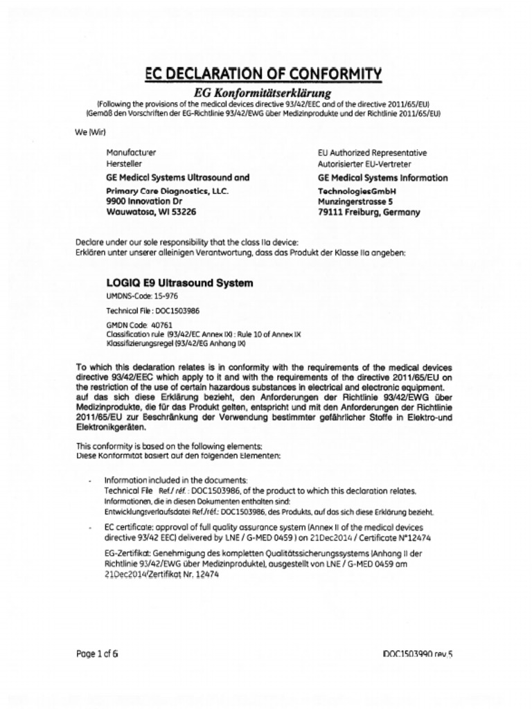 GE Logiq E9 XDclear Declaration of Confirmity | PDF