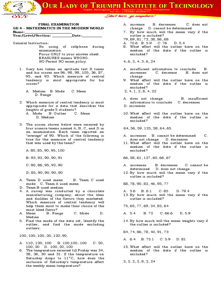 FINAL EXAMINATION (Math in Modern World) Questionnaire | PDF | Outlier | Quartile