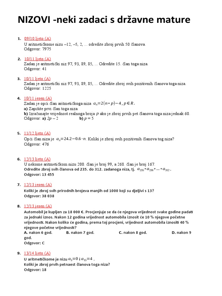 NIZOVI Neki Zadaci S Državne Mature | PDF