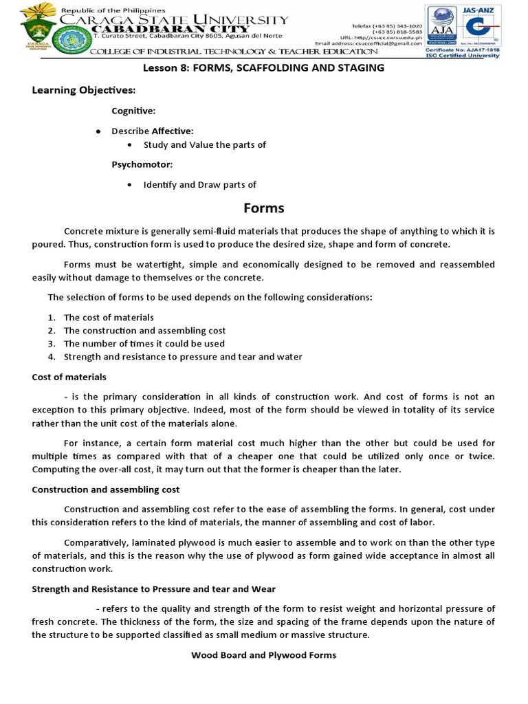 Lesson 8 - Form Scaffolding and Staging | PDF | Plywood | Scaffolding