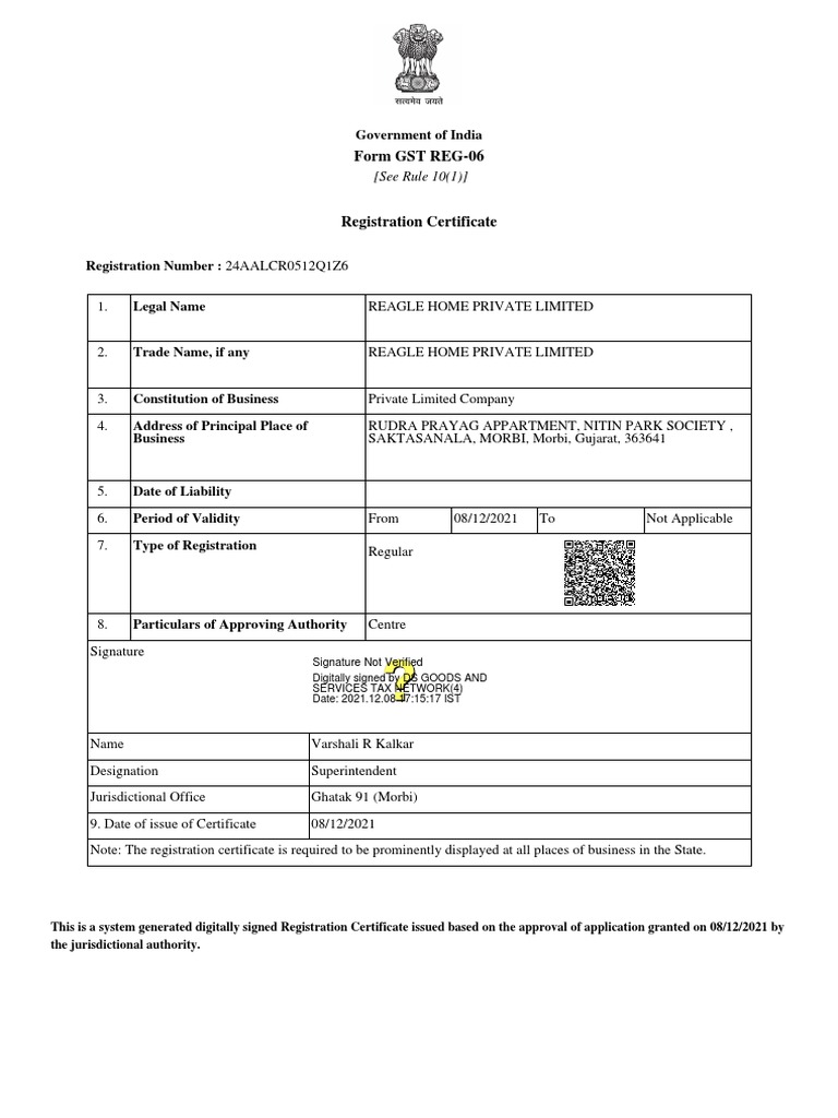 GST Registration Certificate for REAGLE HOME | PDF | Business | Justice