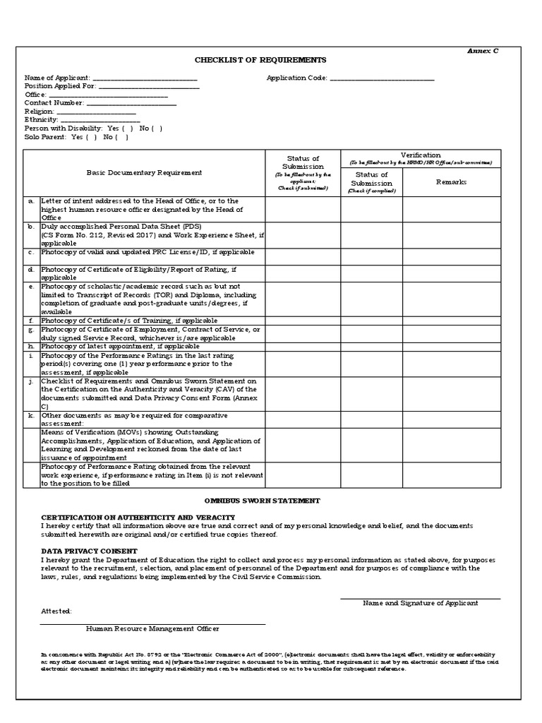 Annex C Checklist for DepEd Applicants | PDF | Authentication ...