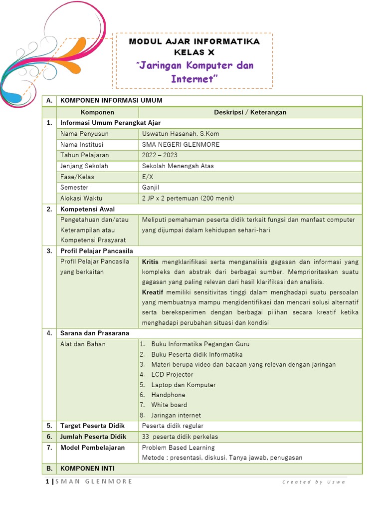 Modul Ajar Rencana Aksi 2 - Jaringan Komputer | PDF Modul Ajar Rencana Aksi 2 - Jaringan Komputer | PDF