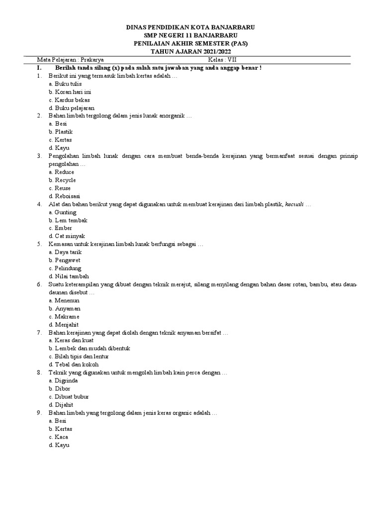 PAS Prakarya Kelas VII Semester II | PDF